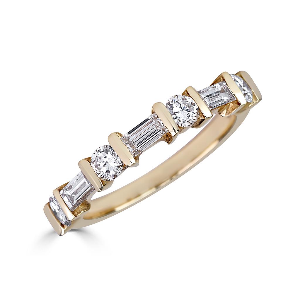 Baguette and Round Diamond Bar Set Ring in 18k Yellow Gold (0.85cts t ...